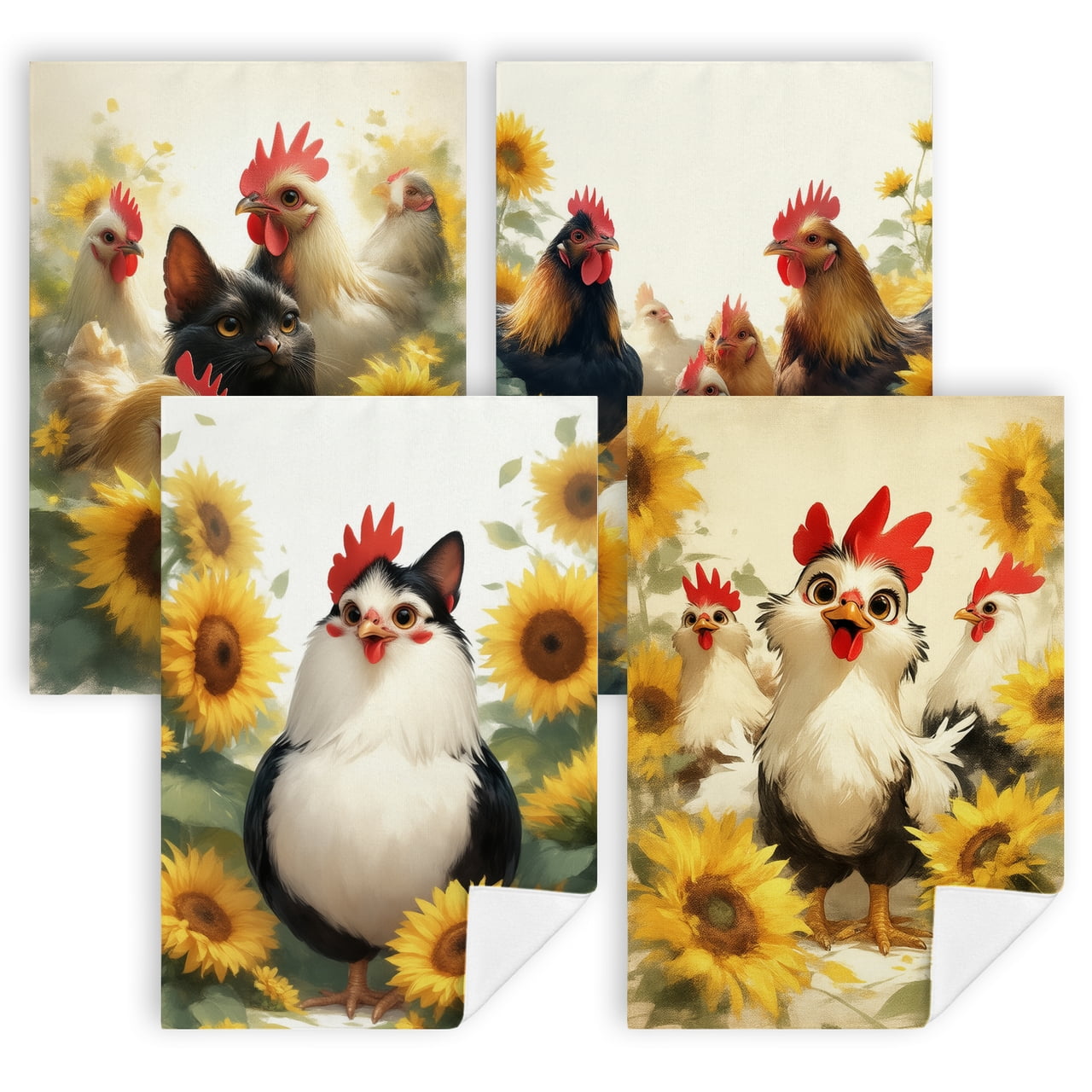 A black cat sitting in a field of sunflowers surrounded by chickenshand ...