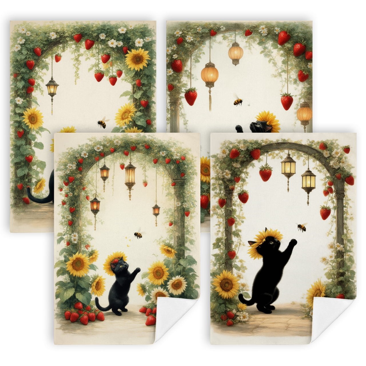 A black cat sitting in front of a strawberry archway with sunflowers ...