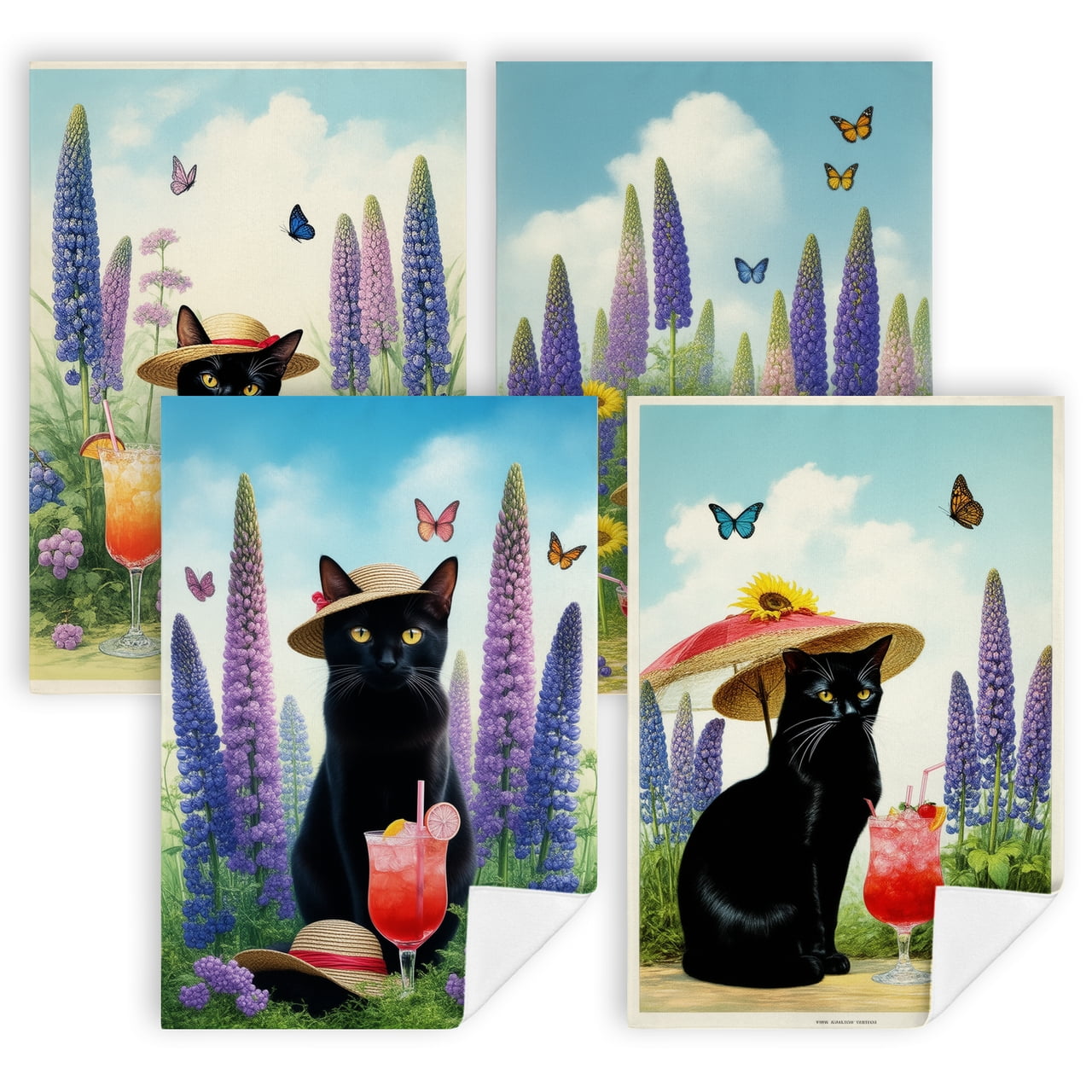 A black cat wearing a straw hat sitting in a field of flowerskitchen ...