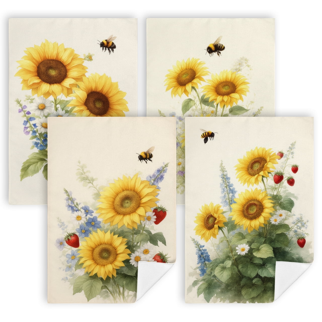 A bouquet of sunflowers and a bee flying over ithand towels4 PC 16x24 ...