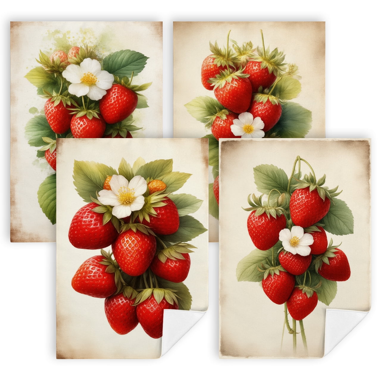A bunch of strawberries with a white flower on toptowelSet of 4 16x24 ...