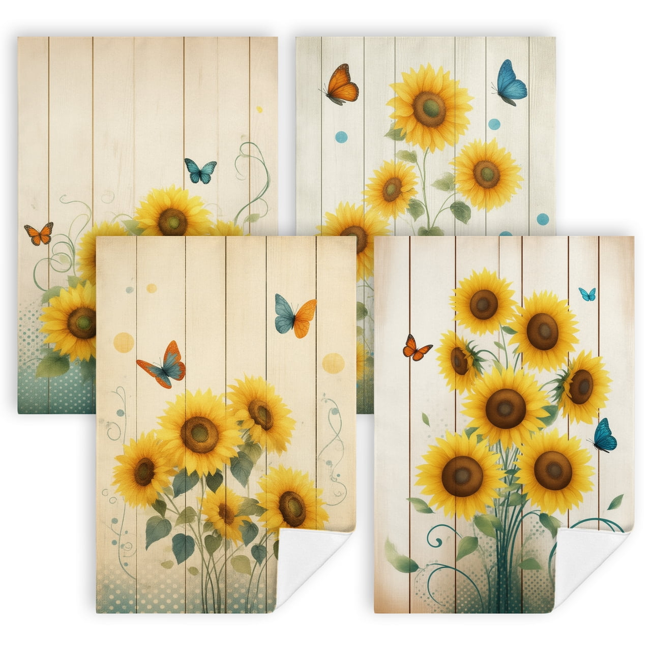 A bunch of sunflowers and butterflies on a wooden backgroundtea towels4 ...