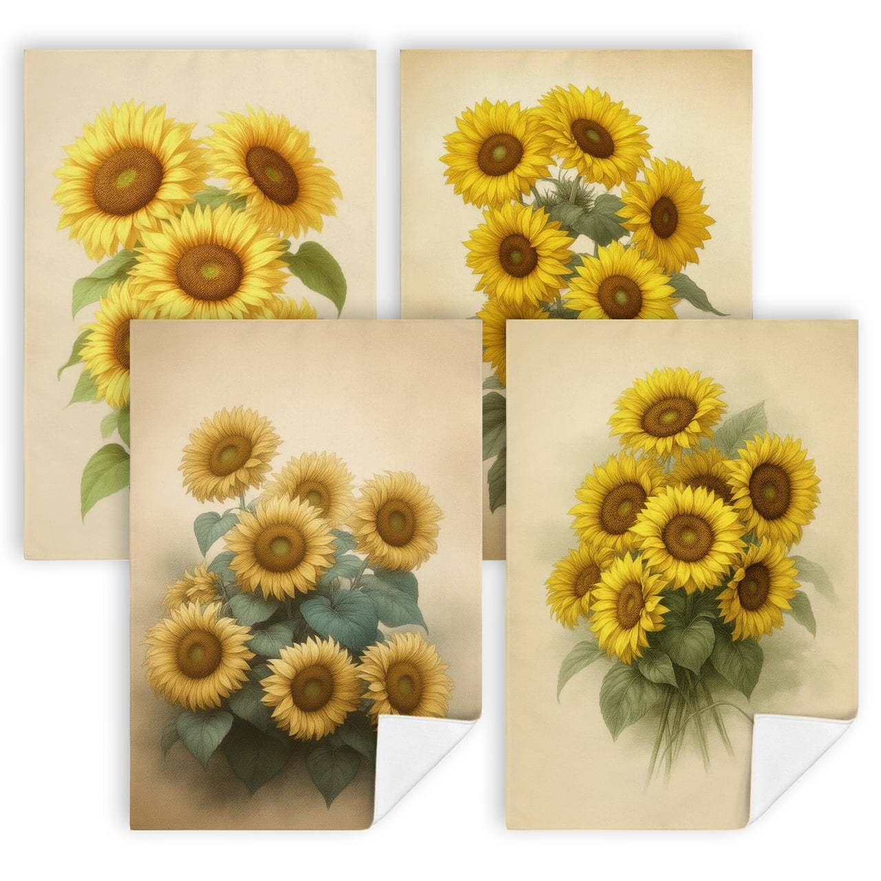 A bunch of sunflowers with green leaves on a beige backgroundhand ...