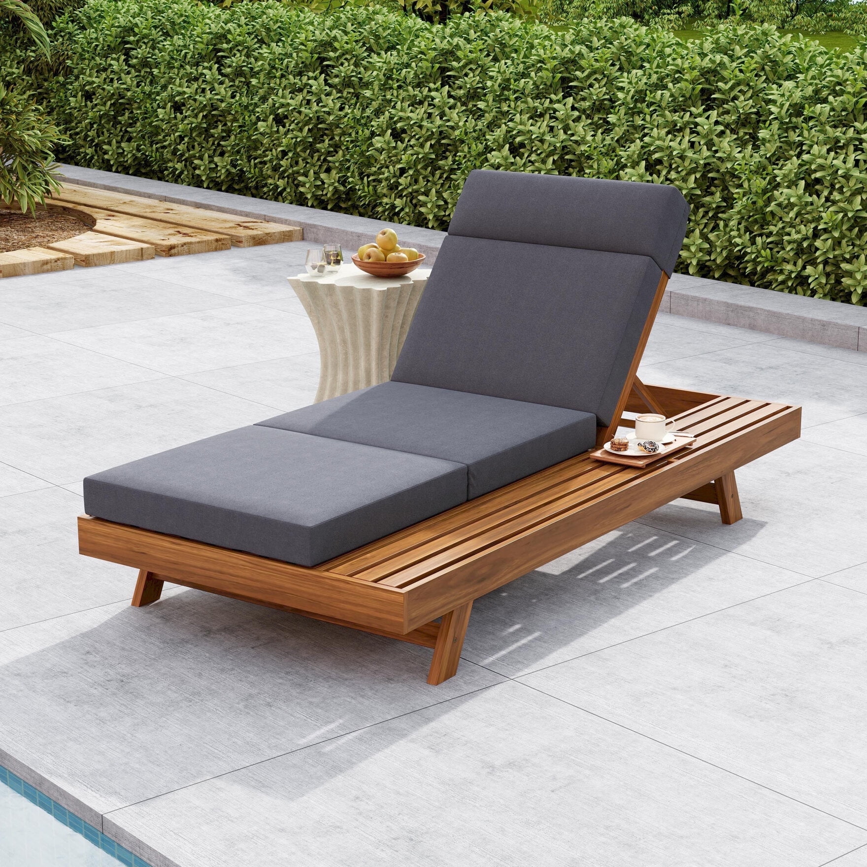 A-cacia Wood Outdoor Chaise Lounge Chair with Tri-Fold Cushion, Recliner with 4-Position ...