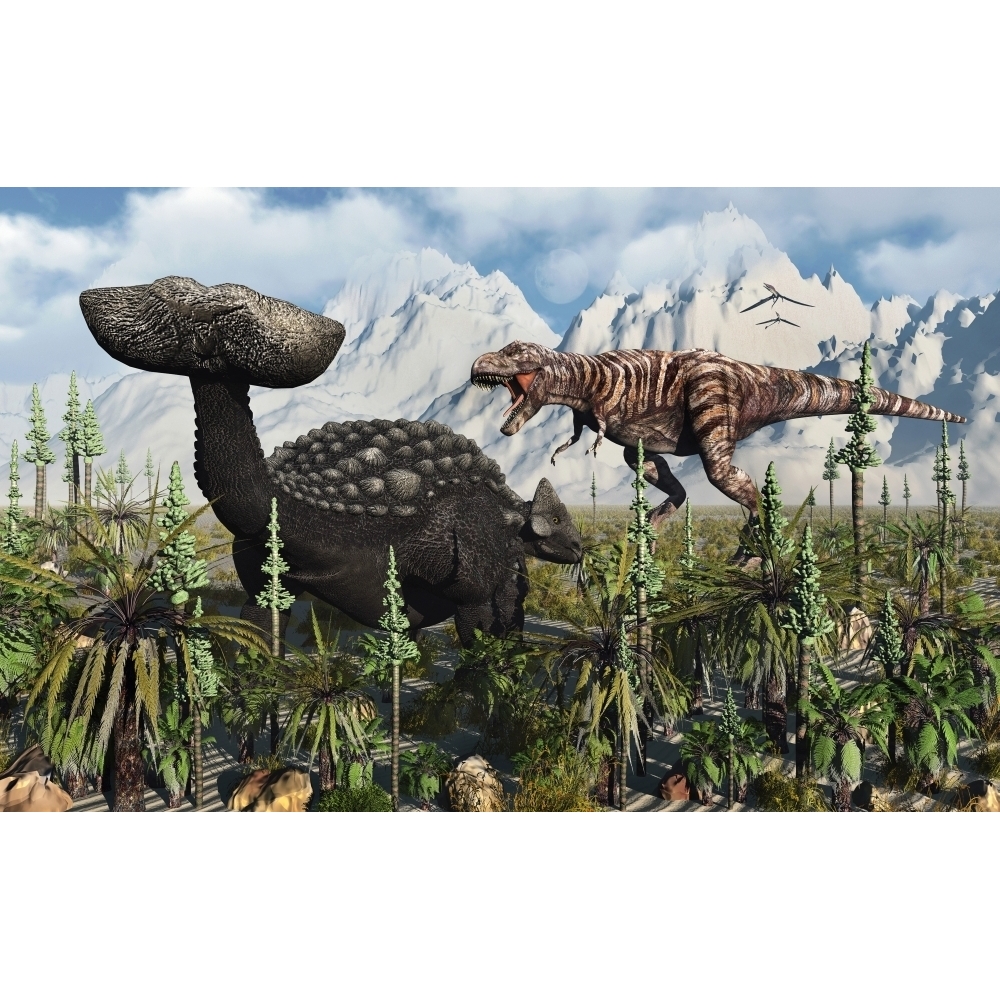A T. Rex confronts an Ankylosaurus dinosaur Poster Print (18 x 11 ...