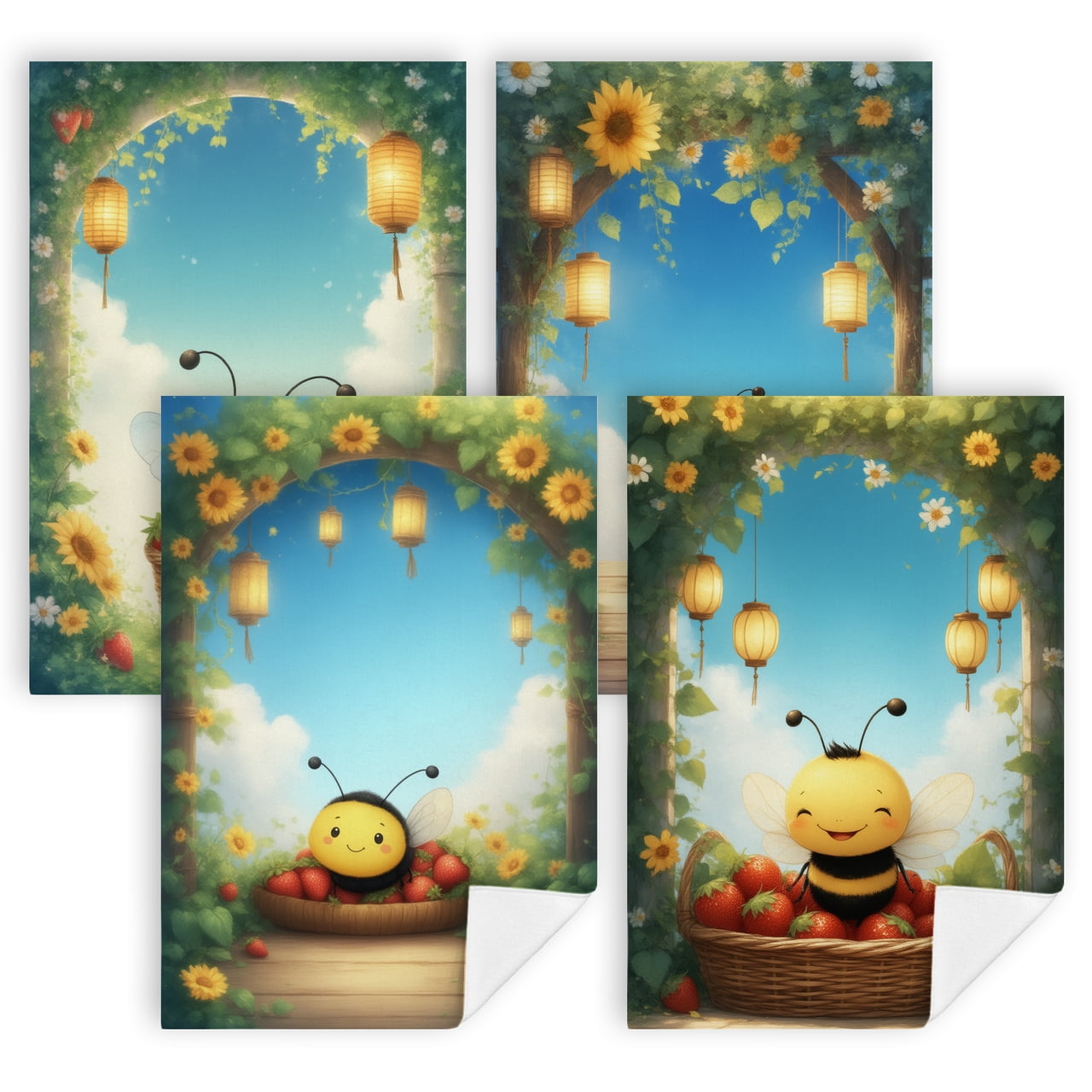 A cartoon bee sitting in a basket of strawberriesdish towels4 Pack 16 ...