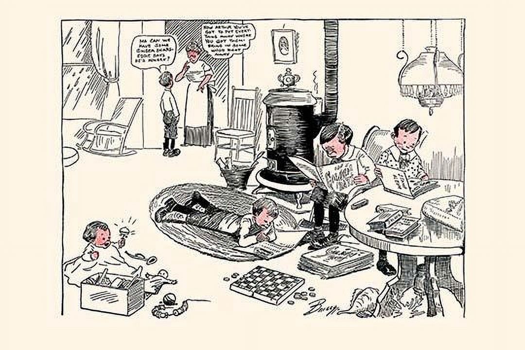 A cartoon of children stuck at home on a rainy day reading and playing ...