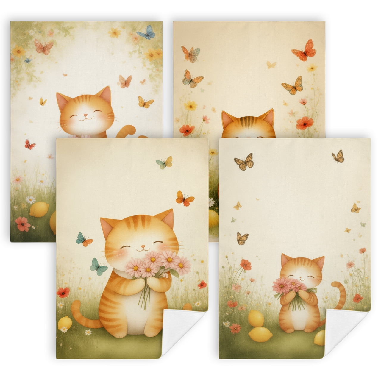 A cat sitting in a field of flowers and lemonskitchen towels4 PC 16x24 ...