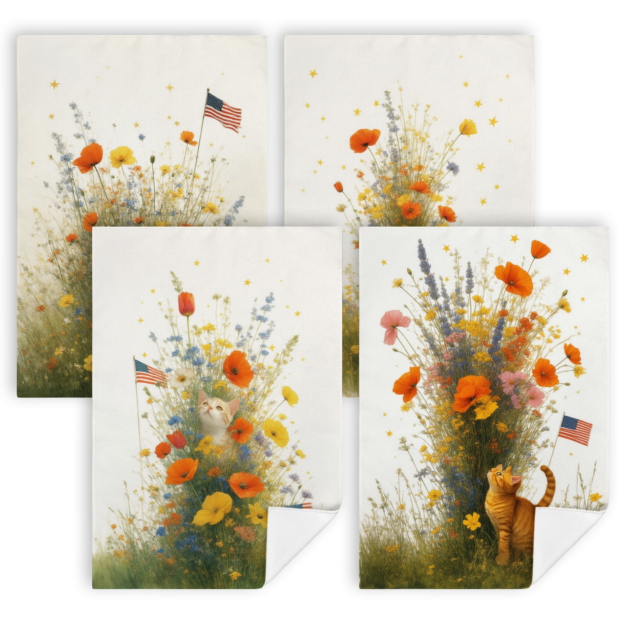A cat sitting in a field of flowers with an American flagtowel4 PC ...