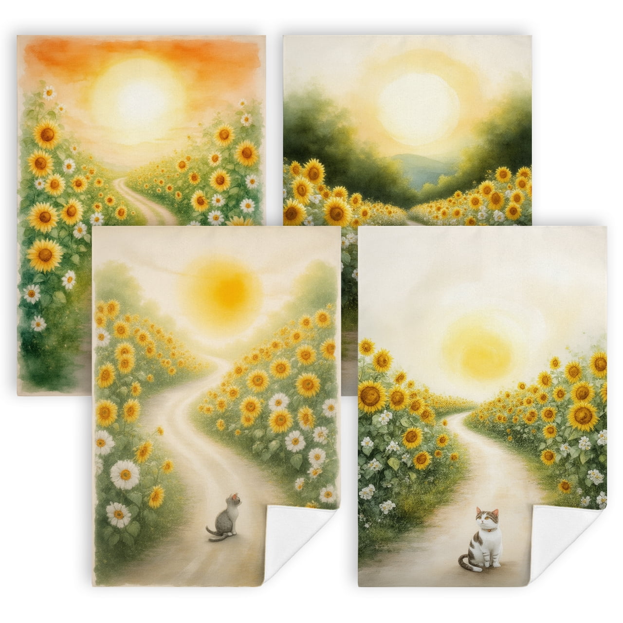 A cat sitting in the middle of a field of sunflowershand towelSet of 4 ...