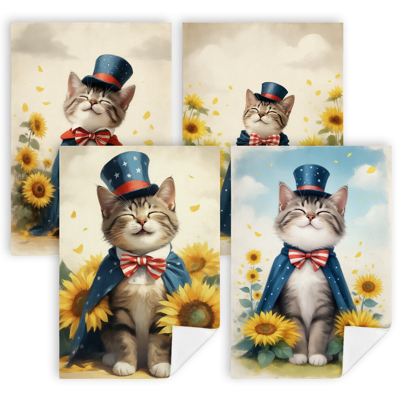 A cat wearing a top hat and a cape sitting in a field of ...