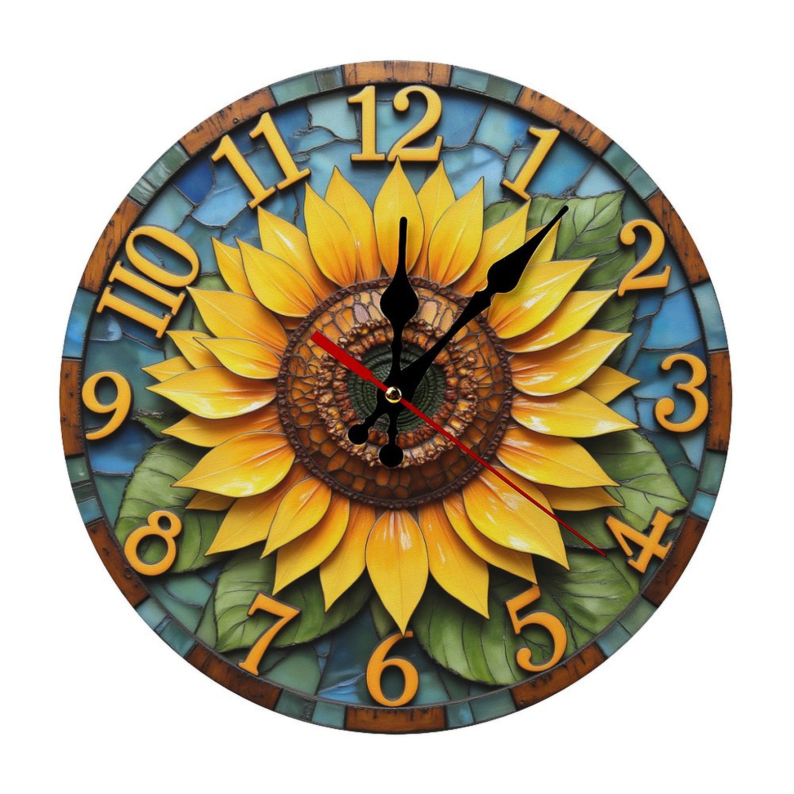 A clock face with a colorful, musical - themed design and a drum set ...