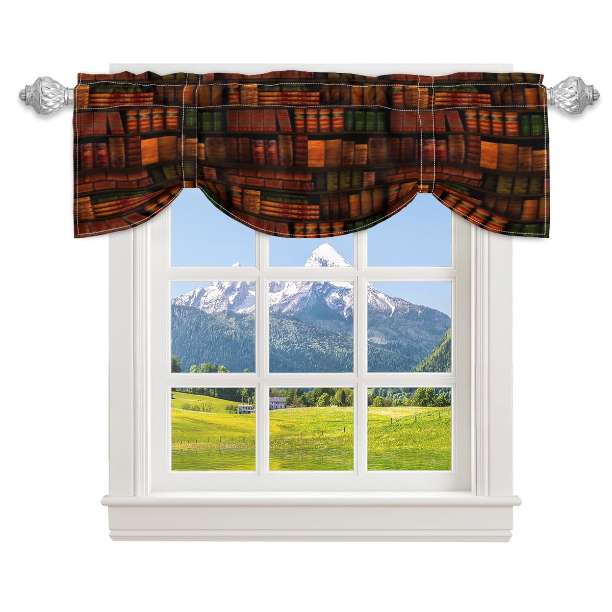 A close up of a book shelf with many books Short Window Curtain ...