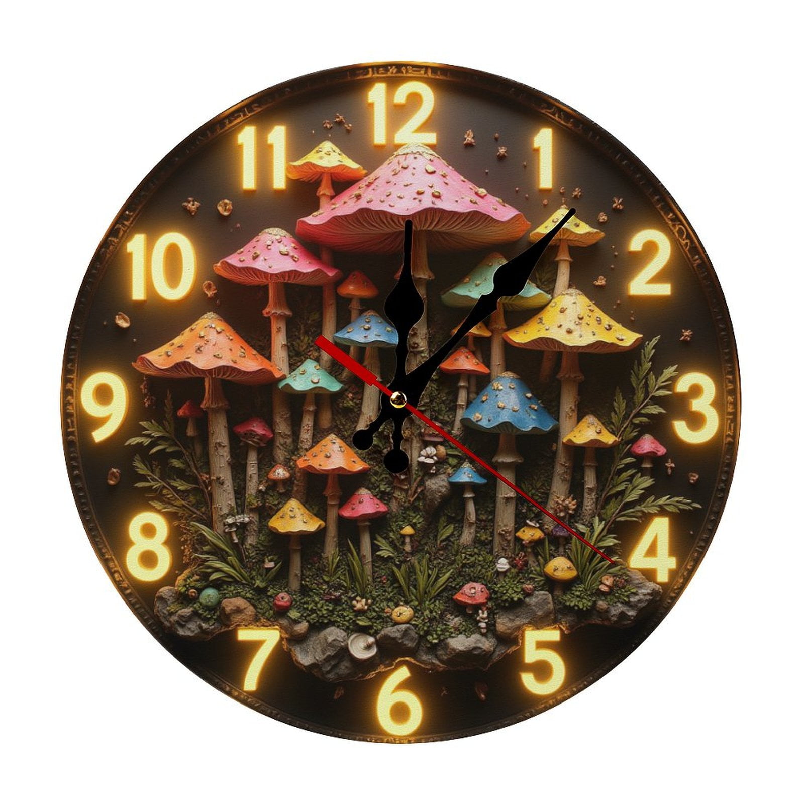 A colorful clock face with a pair of footprints in the center ...