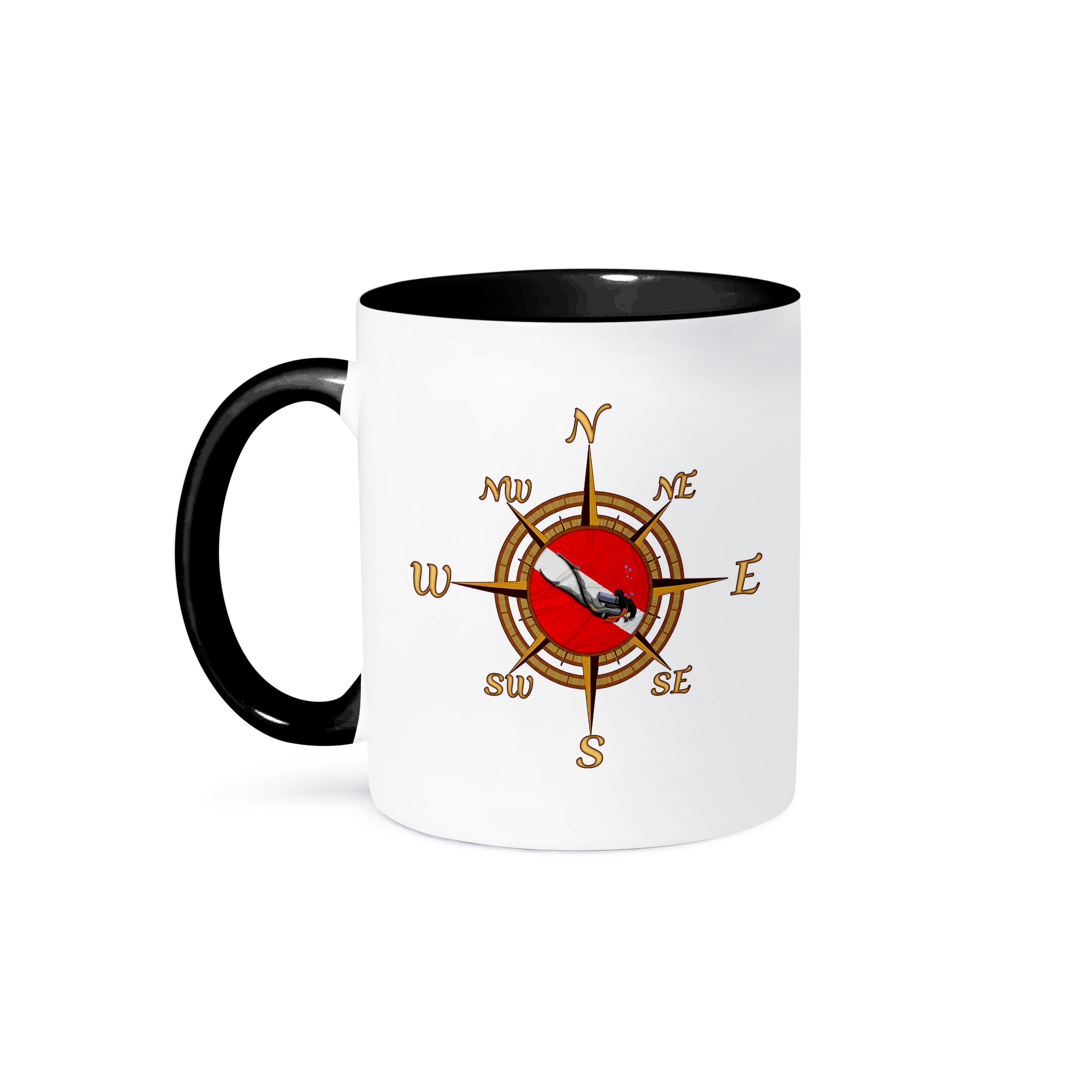 3dRose, A compass rose inset with a Scuba dive flag and scuba diver ...