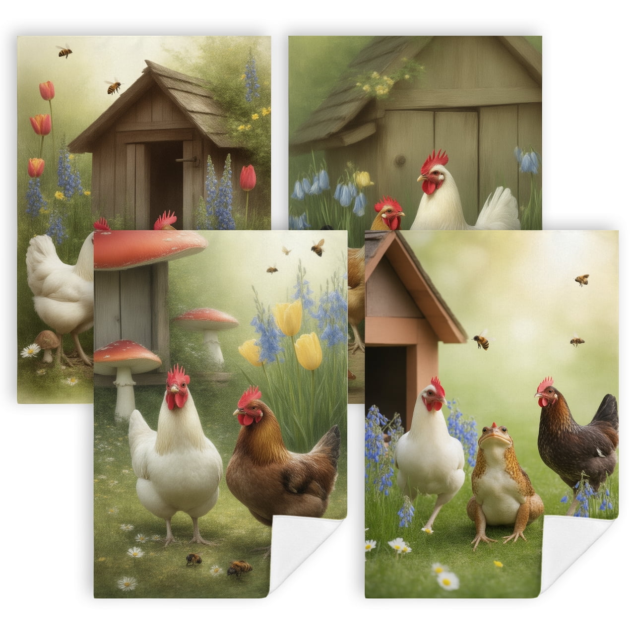 A couple of chickens standing next to each other in a fieldkitchen ...