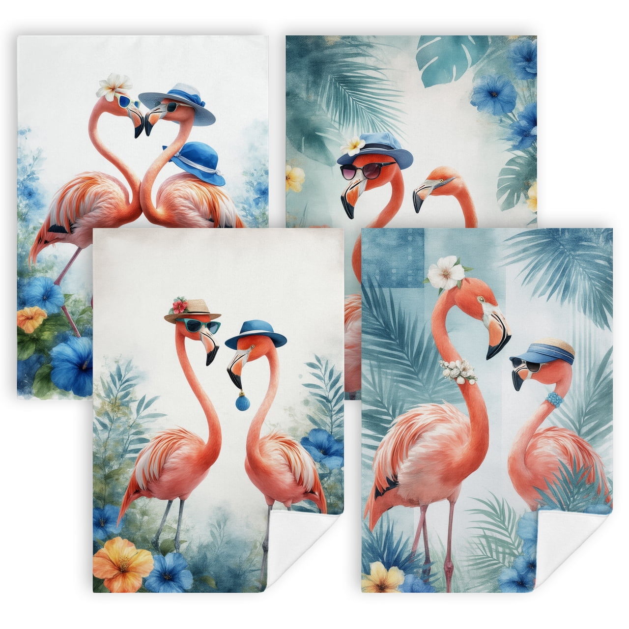 A couple of flamingos standing next to each other in a field of ...