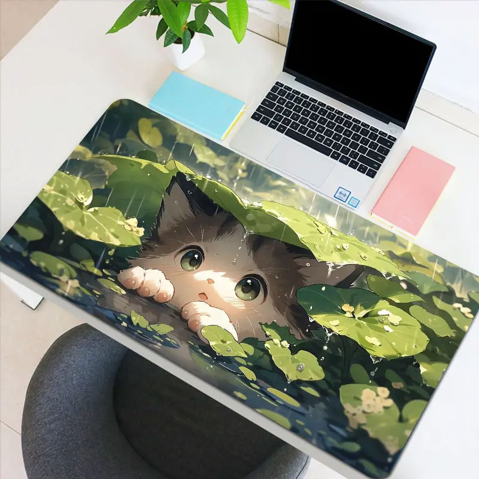 A cute cartoon cat mat green lotus leaf game large mouse pad 31.4x15.7 ...