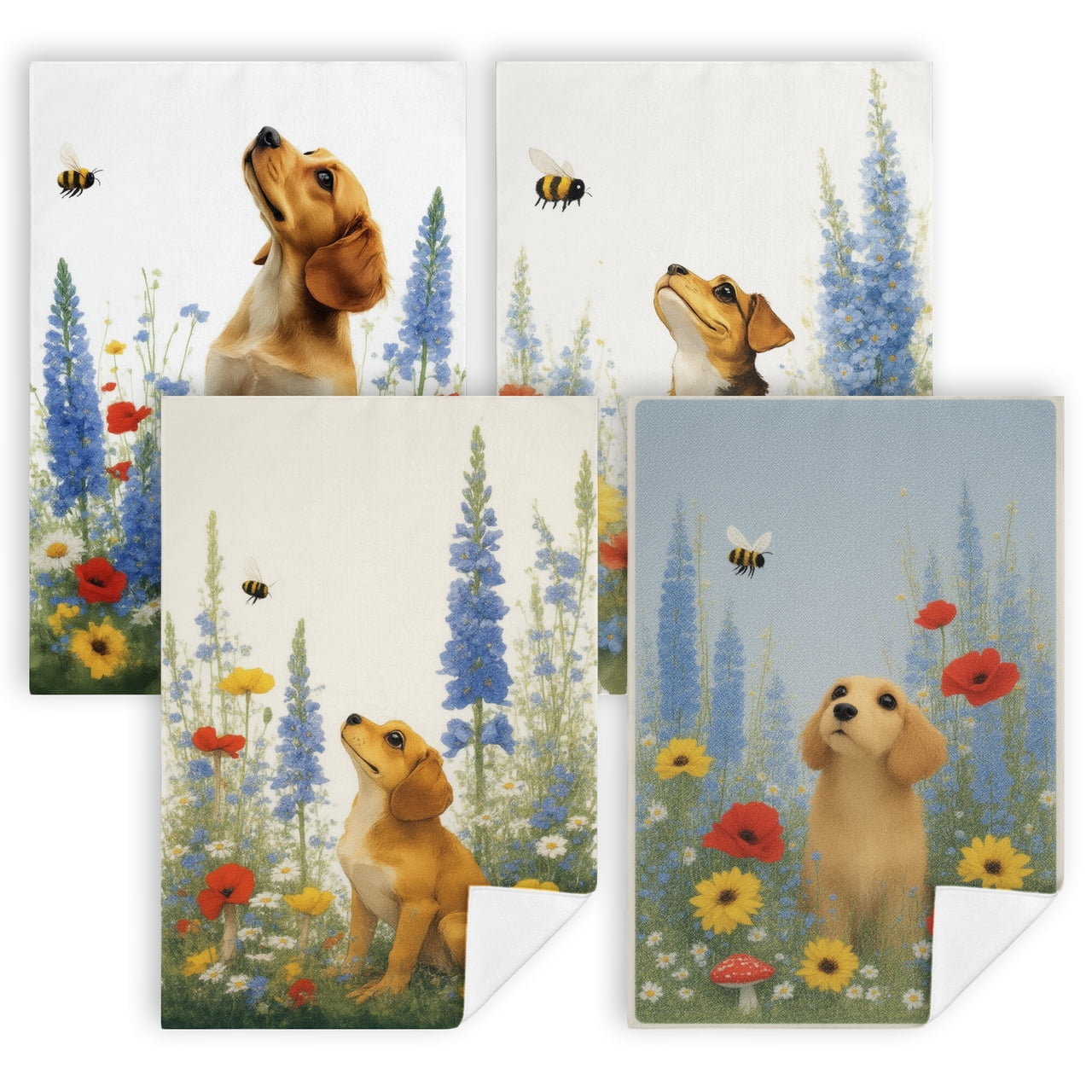 A dog sitting in a field of flowers looking up at a beetowelsSet of 4 ...