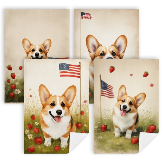 A dog sitting in a field of strawberries with an American flag in the ...