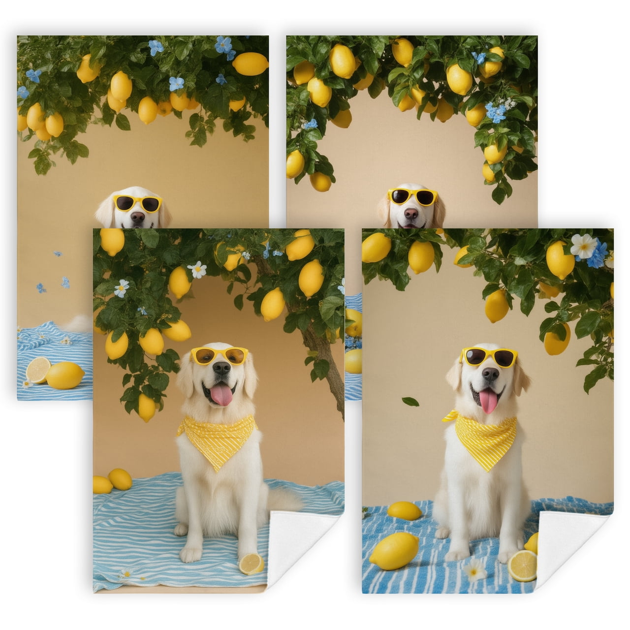 A dog wearing sunglasses and a bandana sitting under a lemon ...