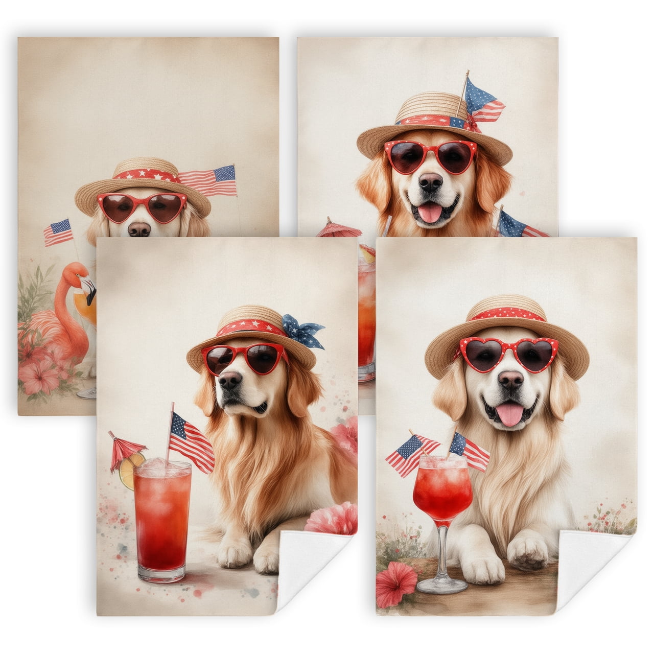 A dog wearing sunglasses and a straw hat with a drink in itkitchen ...
