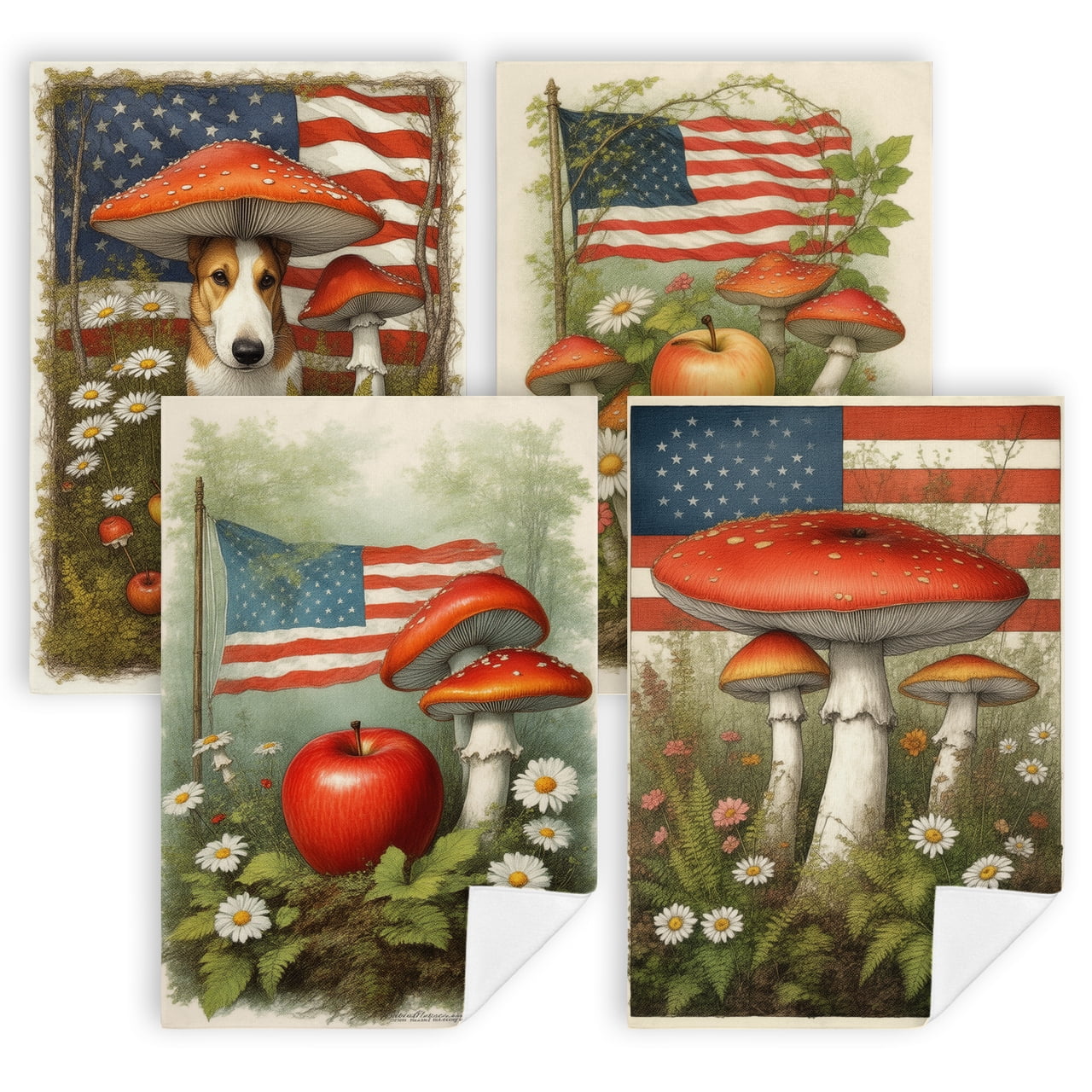 A dog with a mushroom on its head in front of an American flagkitchen ...