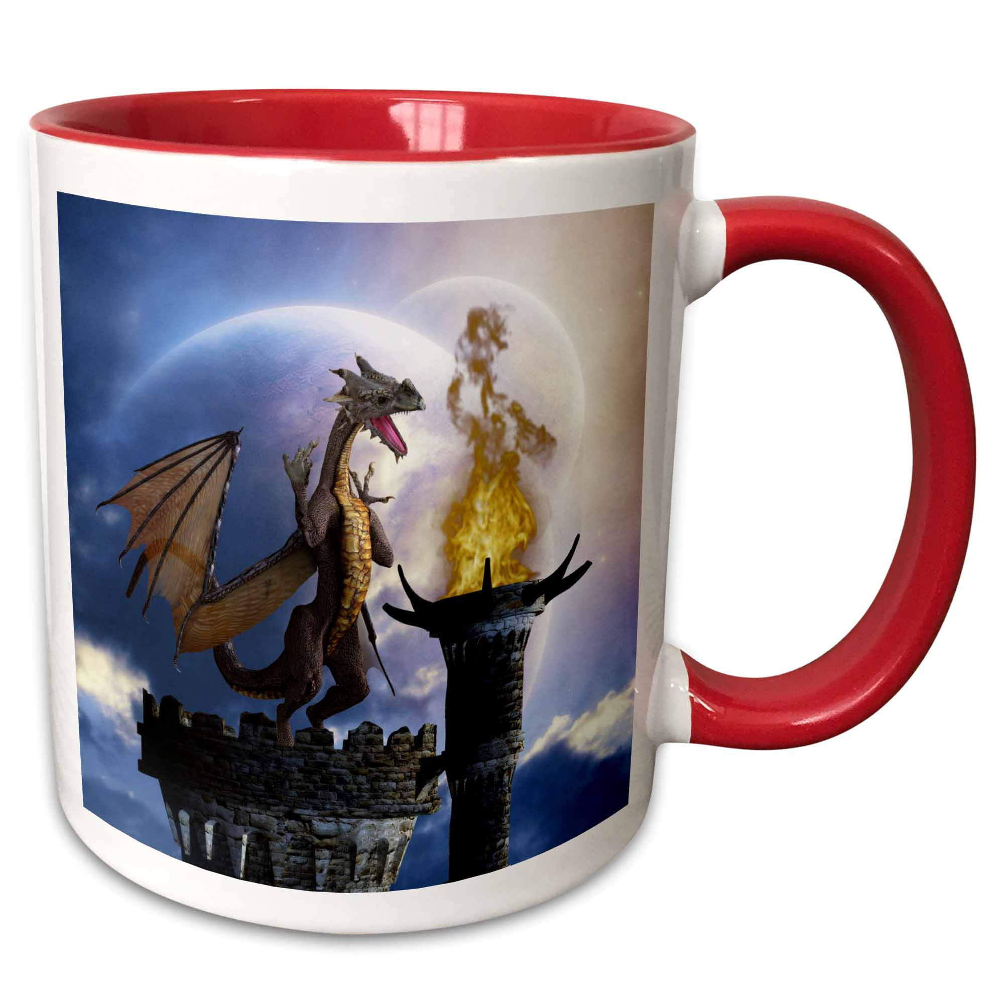 A dragon guard a castle in the night a torch fire light up the castle ...