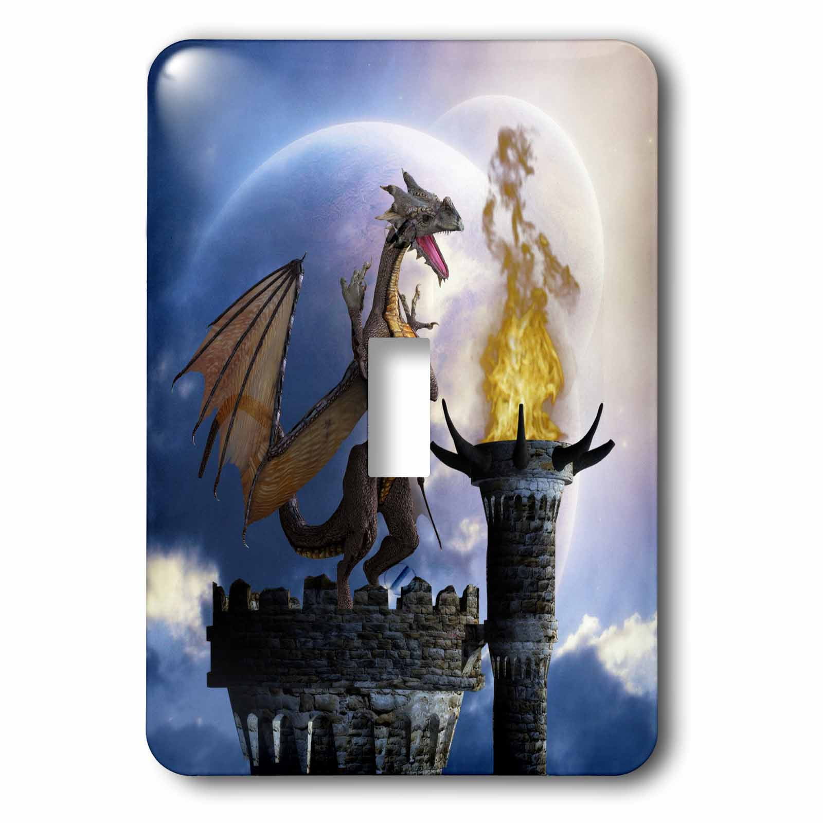 3dRose, A dragon guard a castle in the night a torch fire light up the ...