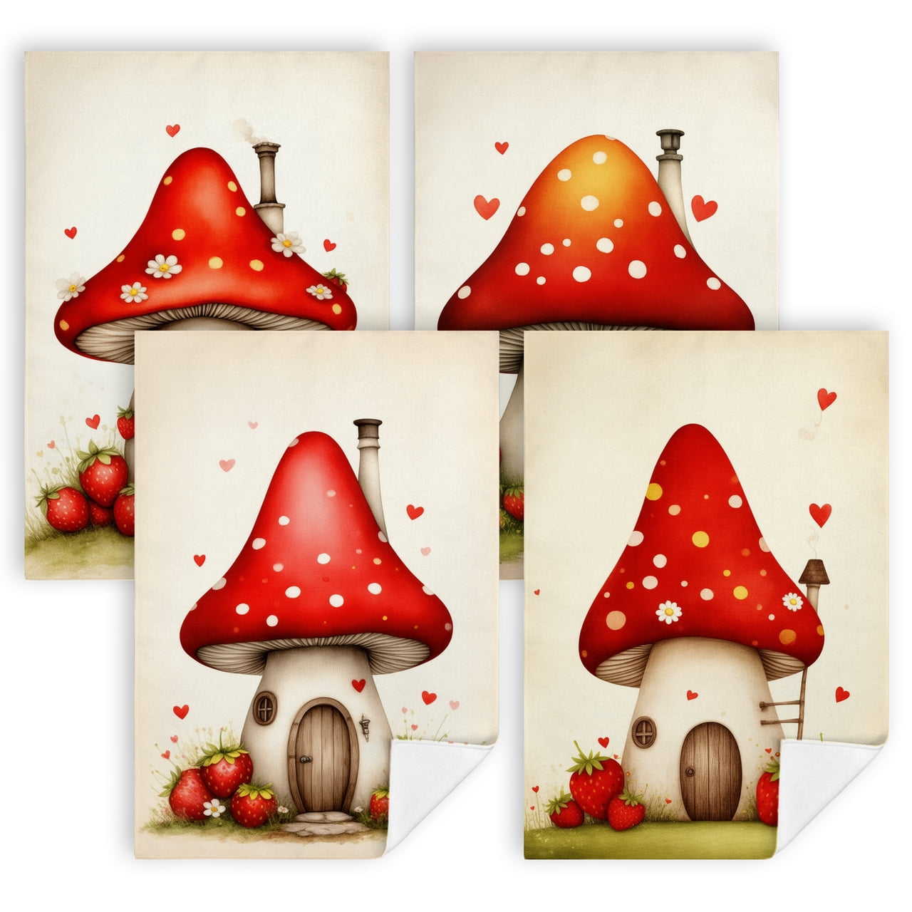 A drawing of a mushroom house surrounded by strawberriestowels4 Piece ...