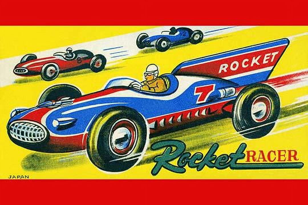 A very fancy race car with special features adorns this tin toy box to ...