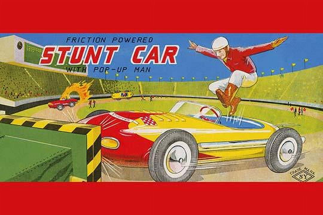A very fancy stunt car with a pop-up man adorns this tin toy box to ...