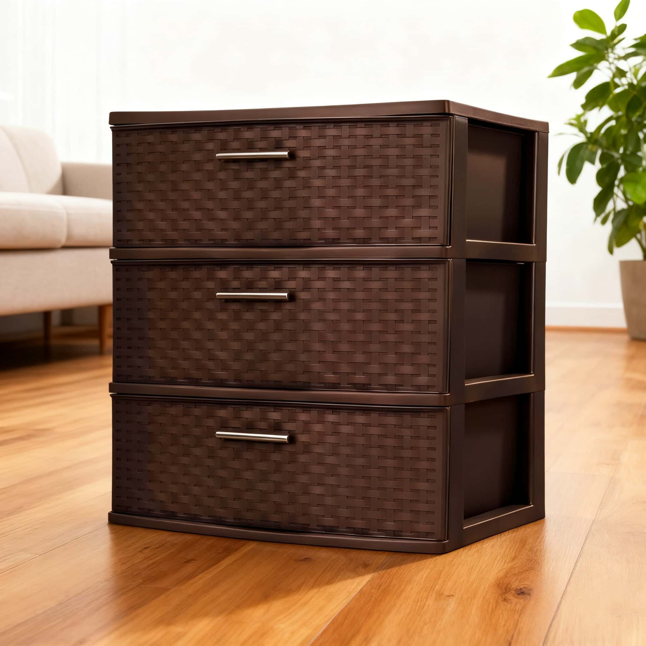 A fashionable three-drawer wide-weave plastic storage tower with open ...