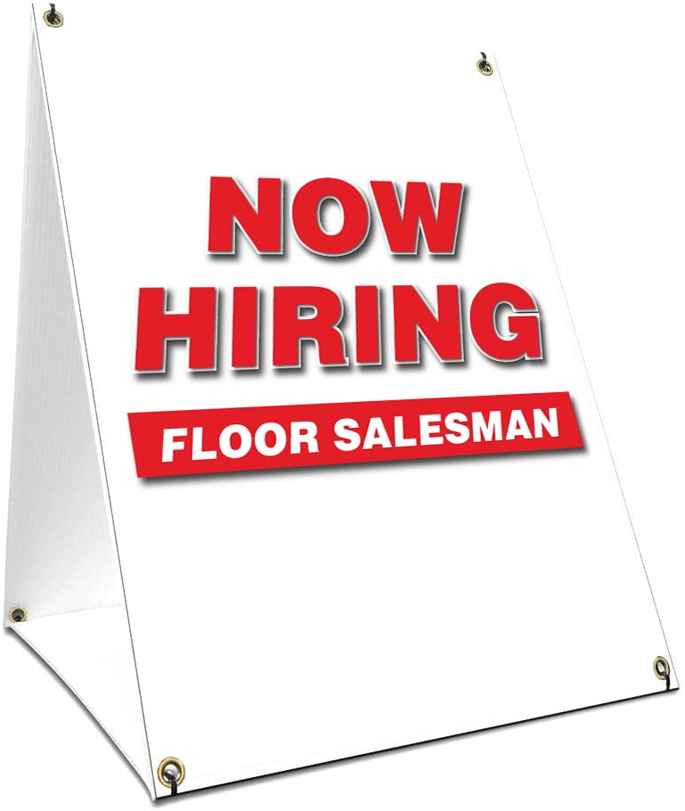 A-frame Sidewalk Now Hiring Floor Salesman Sign With Graphics On Each ...