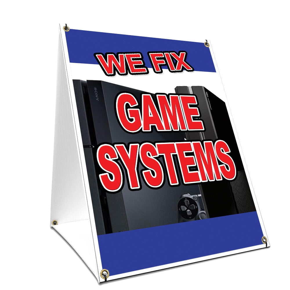 A-frame Sidewalk We Fix Game Systems Sign With Graphics On Each Side ...