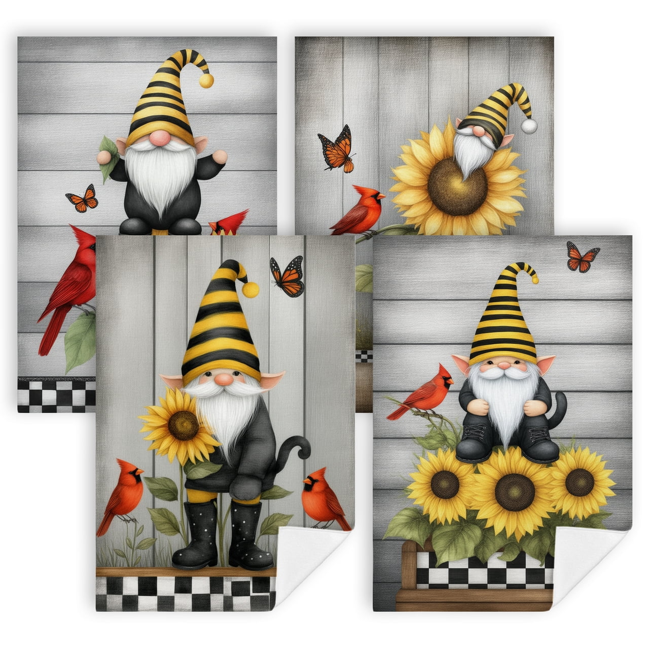 A gnome sitting on top of a sunflower with two cardinals and a ...