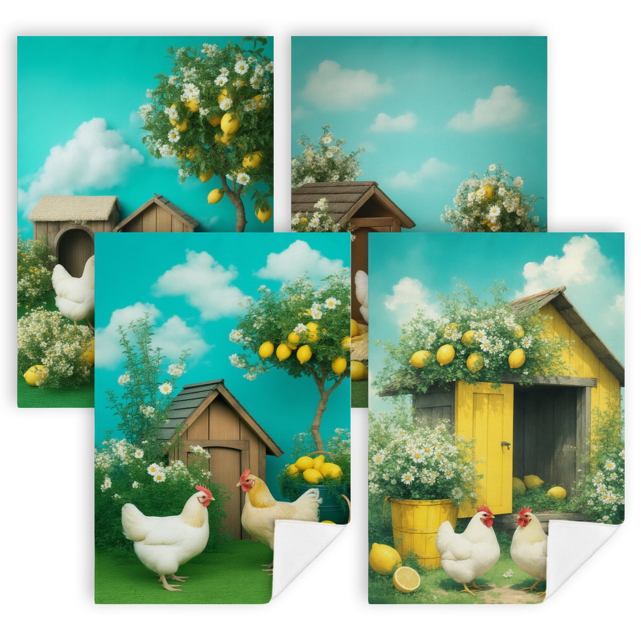 A group of chickens standing next to a tree with lemonsdish towelsPack ...