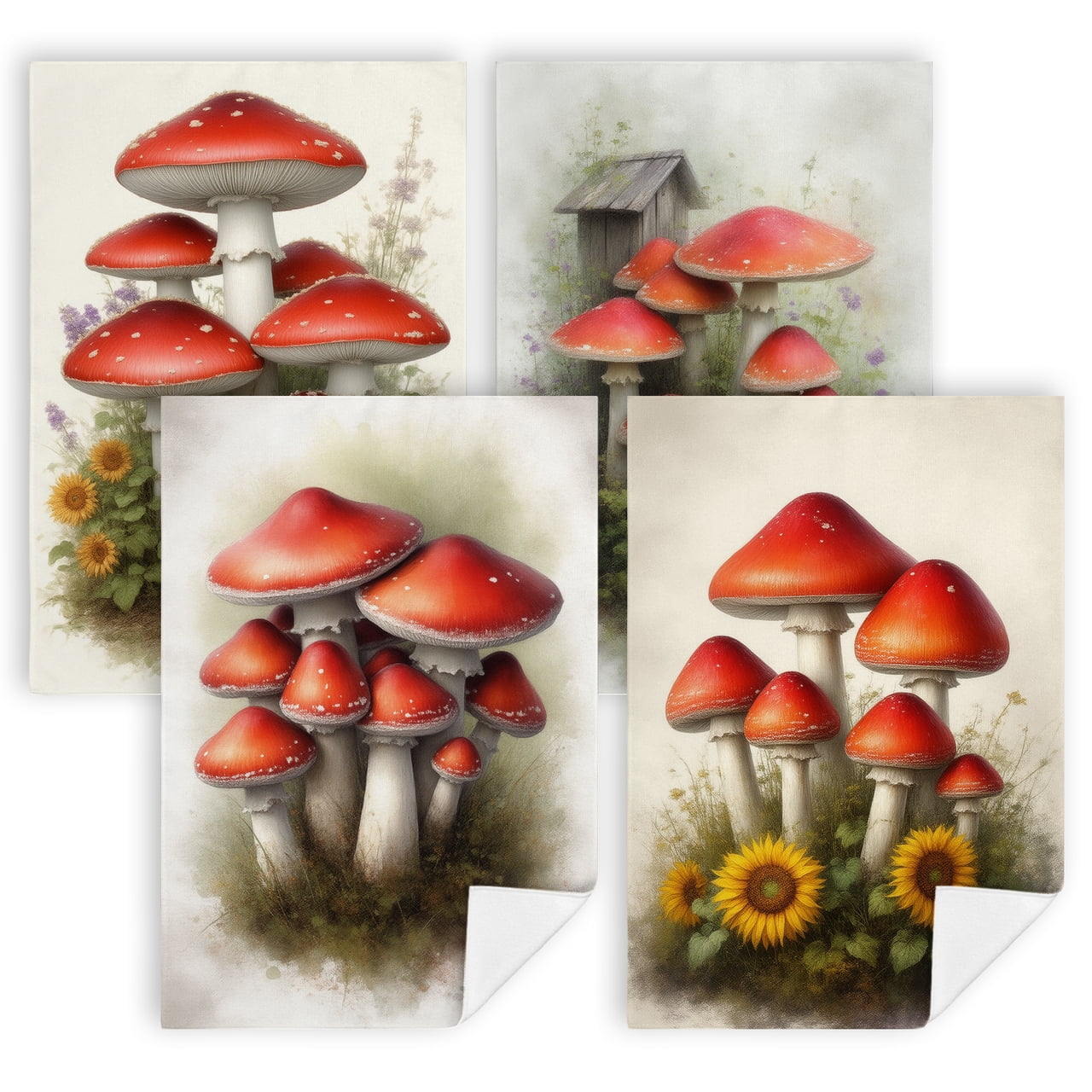 A group of red and white toadstools sitting on top of a lush green ...
