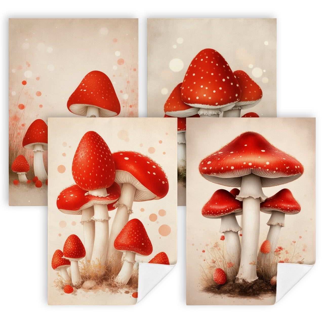 A group of red mushrooms sitting on top of a grass covered fielddish ...