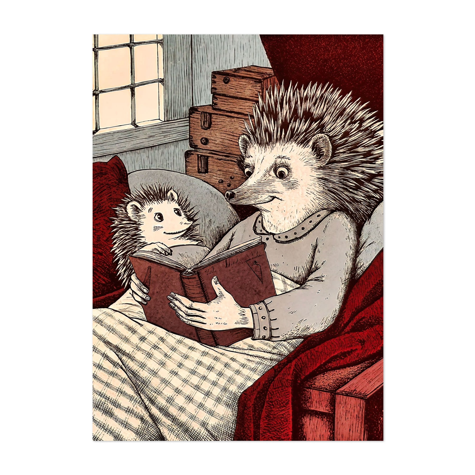 A hedgehog in a blanket reading a book to a young hedgehog ...