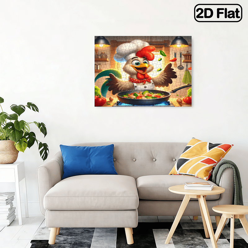 A horizontal 500 - piece paper puzzle. Theme "Cooking Rooster". 2D flat ...