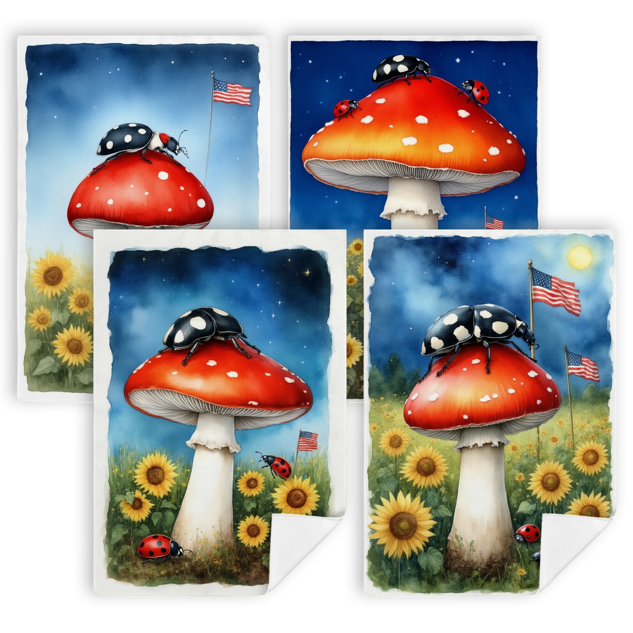 A ladybug sitting on top of a mushroom in a field of sunflowerskitchen ...