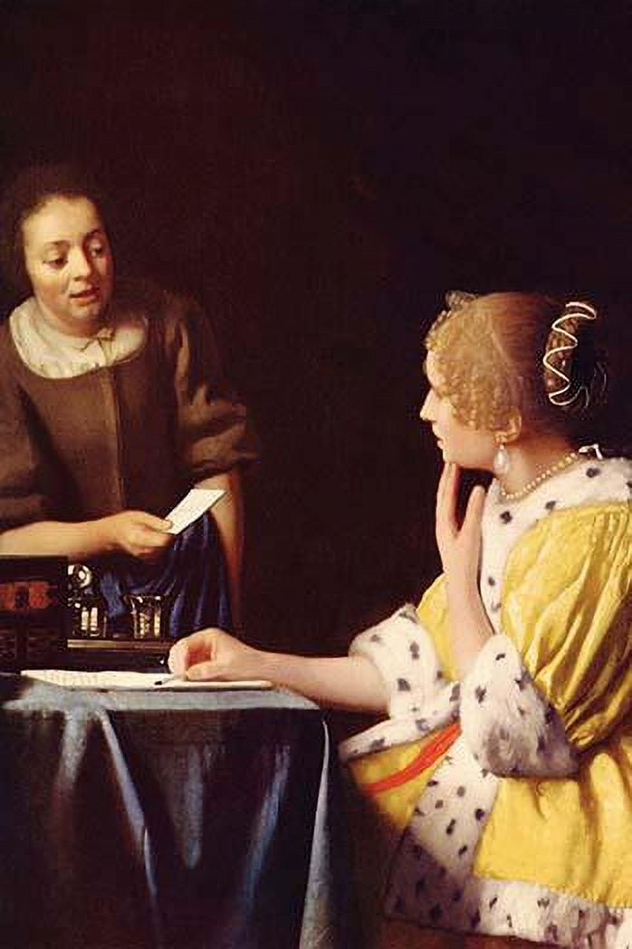 A maid deliverers a letter to her mistress who is sitting at a writing ...