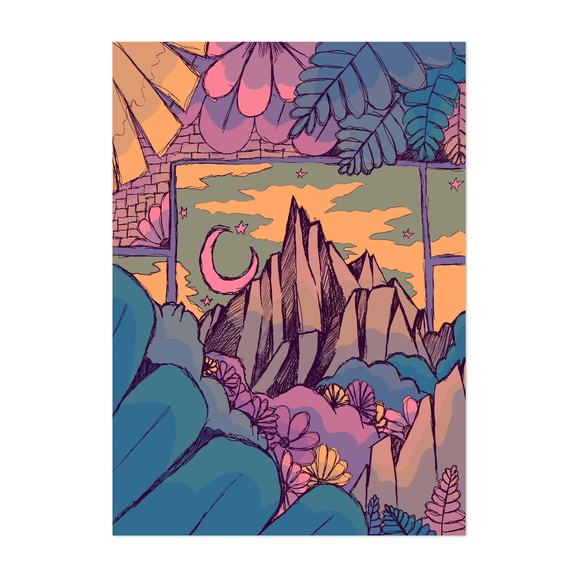 A mountain through the window - Illustration Surrealism Moon ...