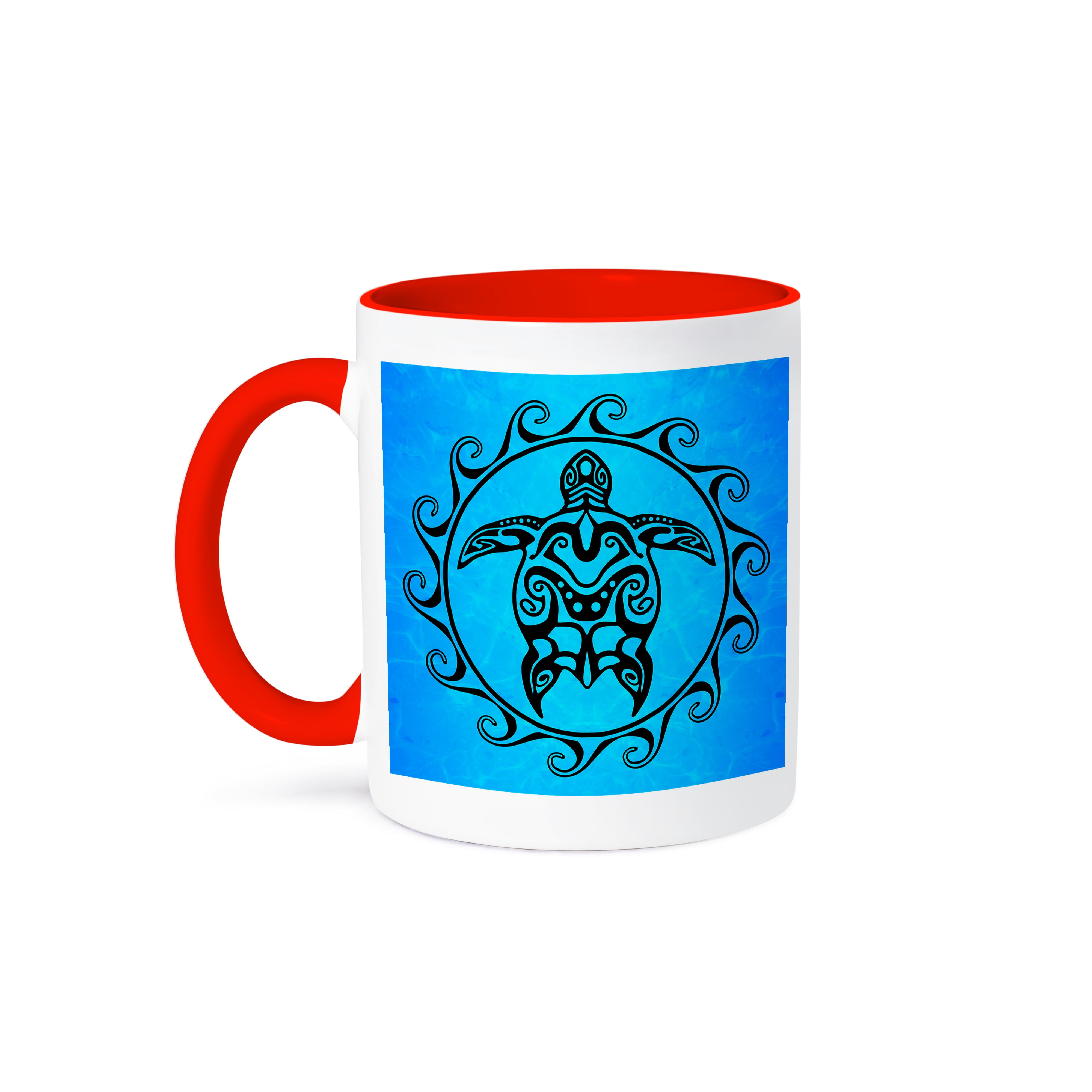 3dRose, A ocean blue tribal honu sea turtle in a Maori Sun Polynesian symbol., 11oz Two-Tone Red ...