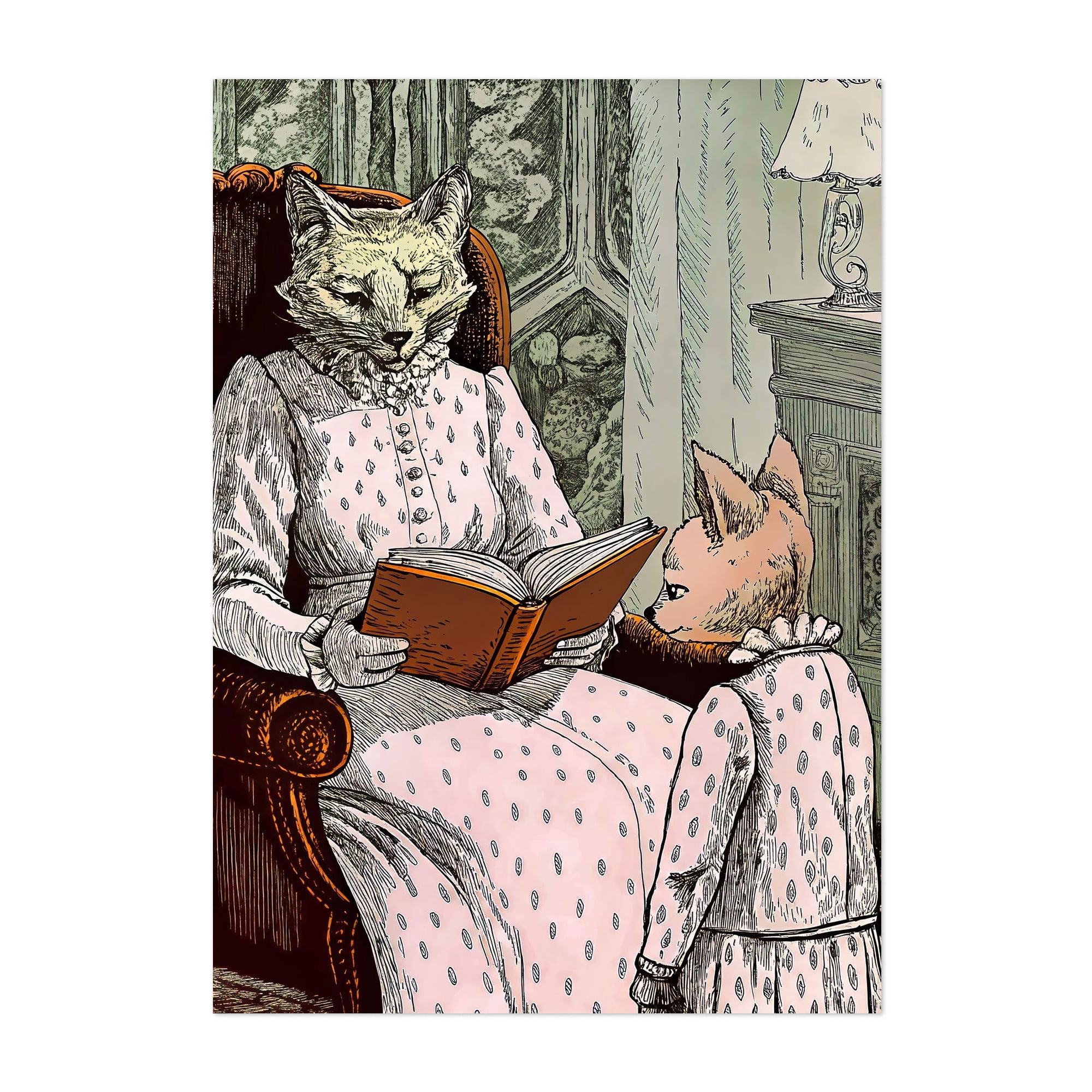 A old lynx reading a book to a young lynx - Illustration Cat Animal ...