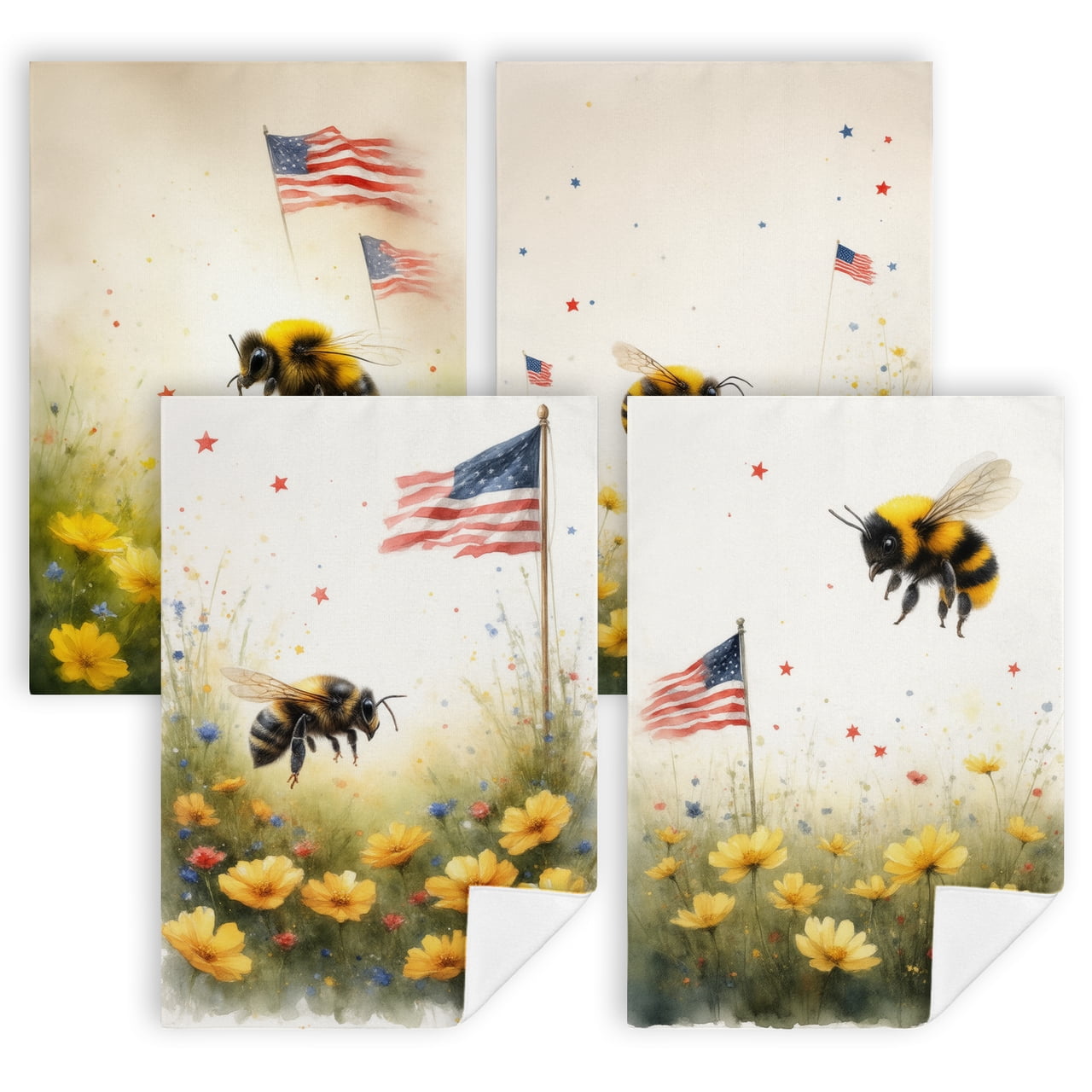 A painting of a bee flying over a field of flowersquick dry hand ...