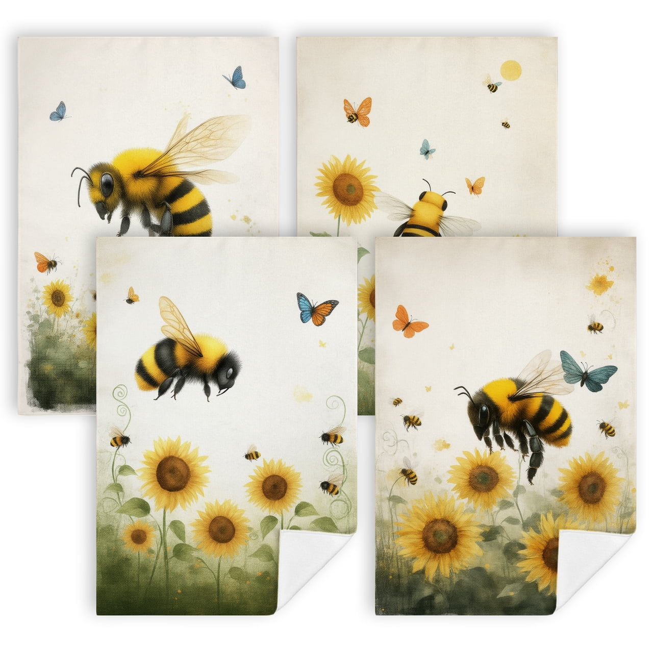 A painting of a bee flying over a field of sunflowersdish towels4 Pack ...