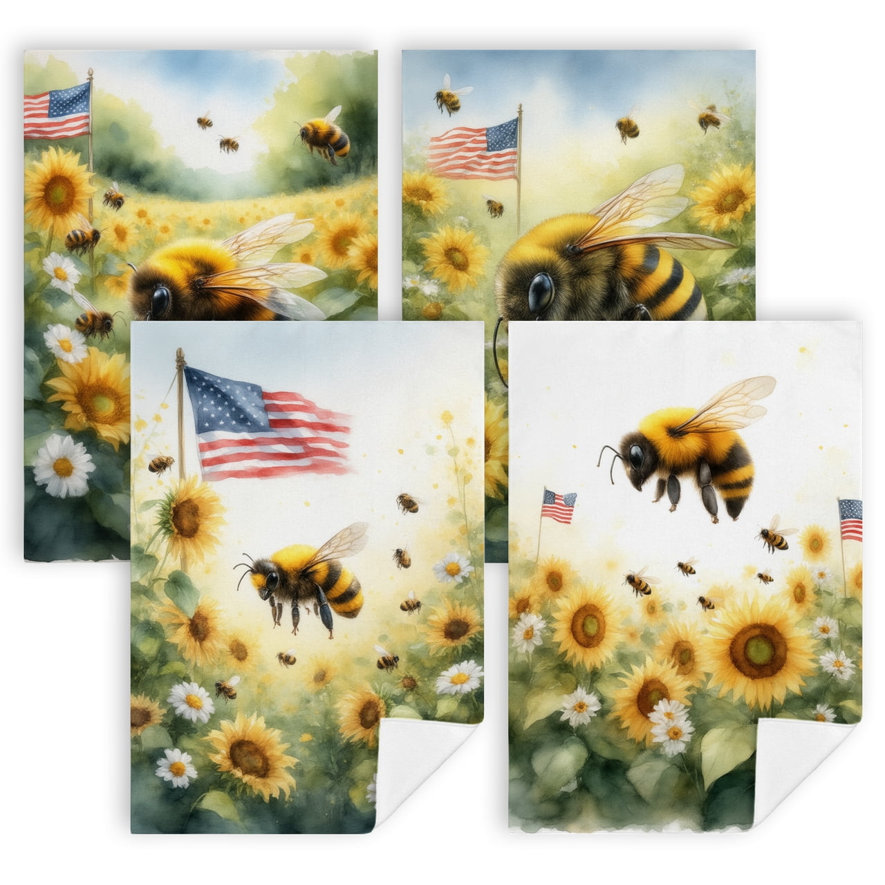 A painting of a bee flying over a field of sunflowerskitchen towels4 ...