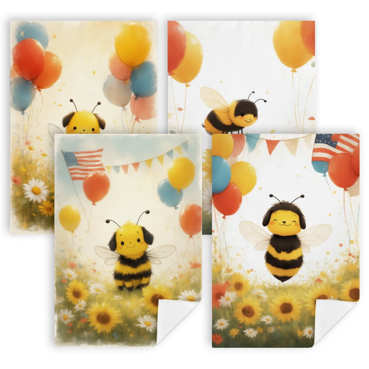A painting of a bee flying through a field of flowers and balloonsquick ...